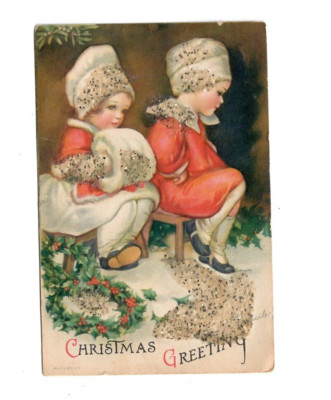 Clapsaddle Christmas Greeting Postcard Young Girls Mica Glitter ...