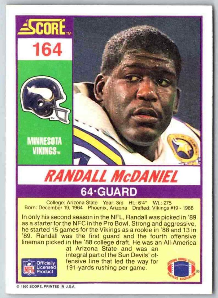 1990 Score Randall McDaniel #164 Football Card | eBay