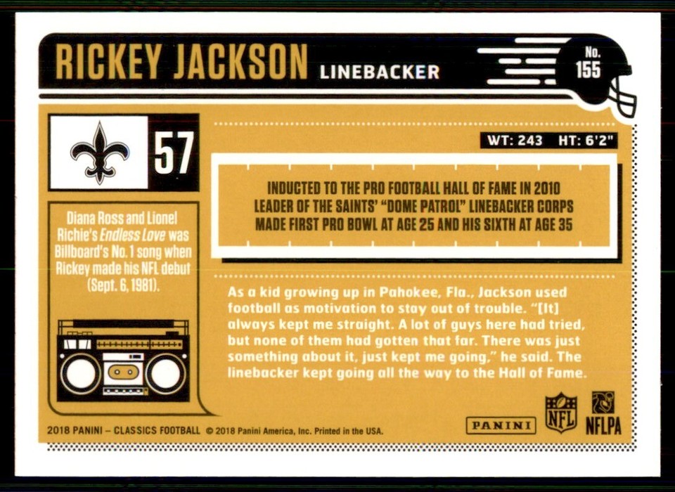 2018 Panini Classics Rickey Jackson New Orleans Saints #155 NFL ...