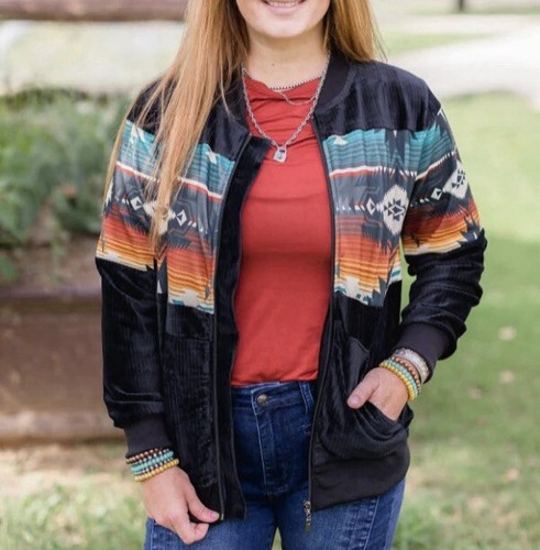 Crazy Train Jacket Women's Medium Multicolor Print Velour Aztec Bomber ...
