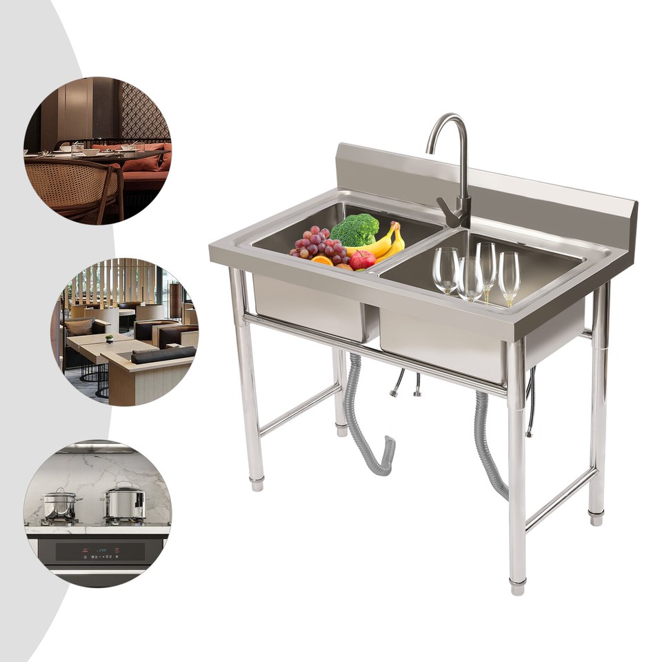 Commercial Restaurant Utility Kitchen Sink Double Compartment Stainless ...