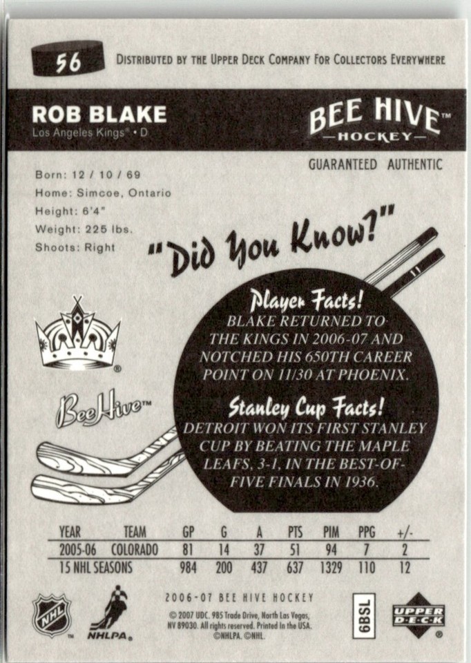 2006-07 Upper Deck Beehive Rob Blake Los Angeles Kings #56 | eBay