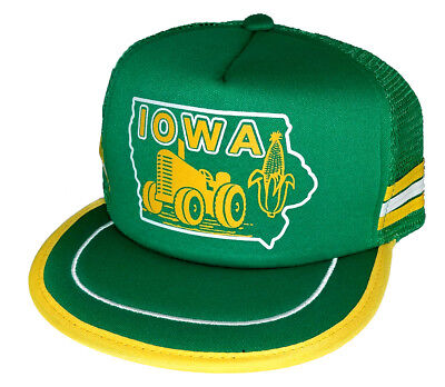 Iowa Corn Tractor Farm Farmer Green 3 Striped Snapback Mesh Trucker Hat ...