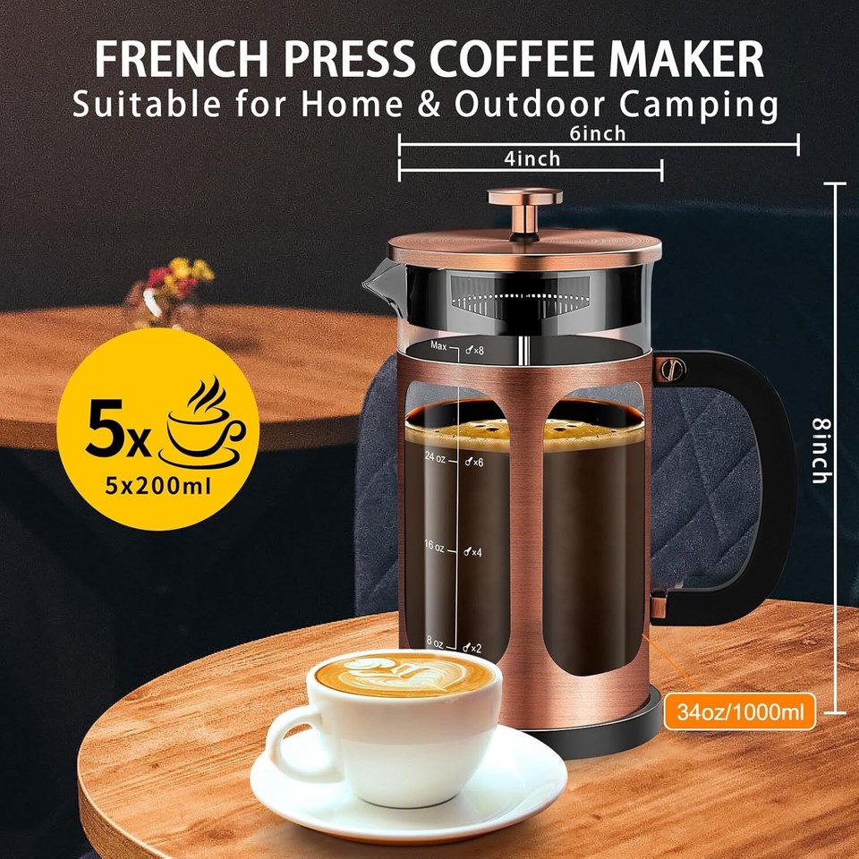 French Press Coffee Maker 34Oz, 6Cup Coffee Press with 4 Filters System ...