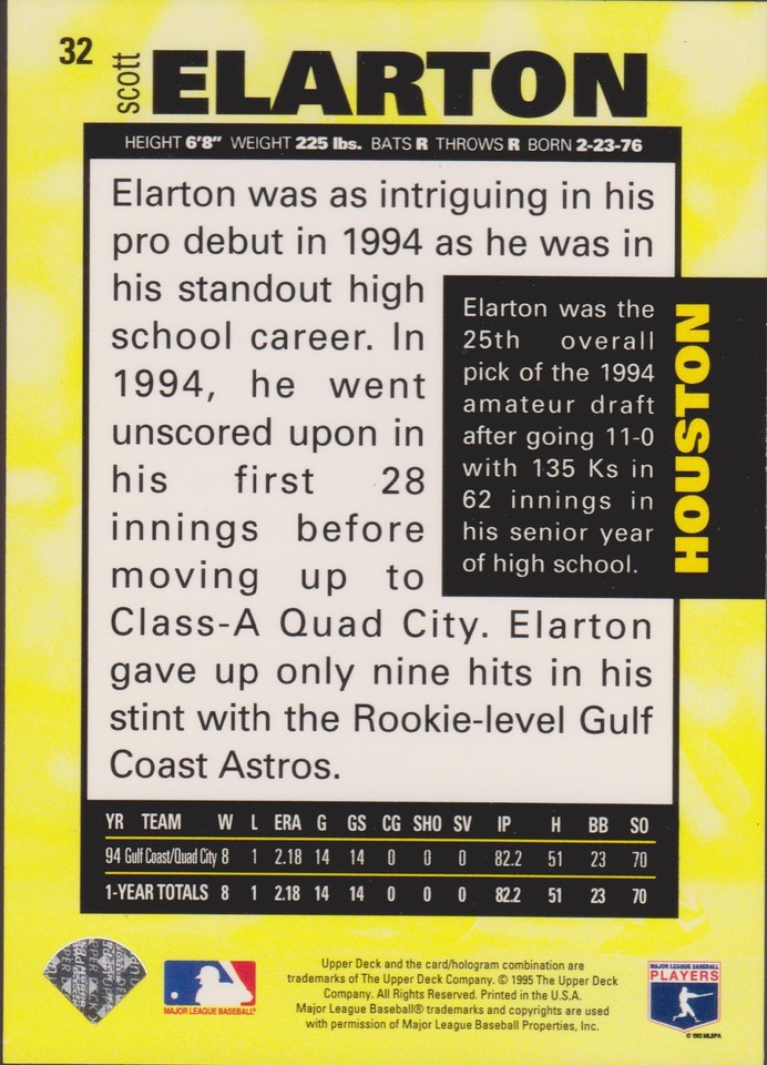 Scott Elarton 1995 Collector's Choice # 32 Houston Astros Baseball | eBay