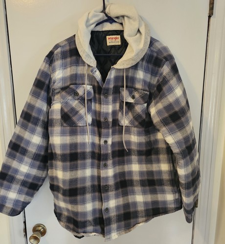 Wrangler Authentics Blue Plaid Hooded Quilted Lined Flannel Shacket ...