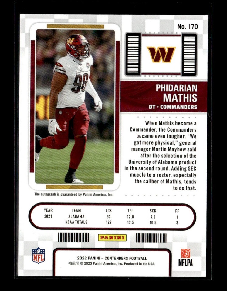 2022 Panini Contenders #170 Phidarian Mathis RC AUTO | eBay