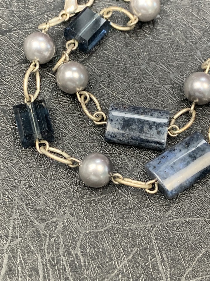 Polished Blue Stone Dumortierite Beaded Crystal Silver tone Necklace 18 ...