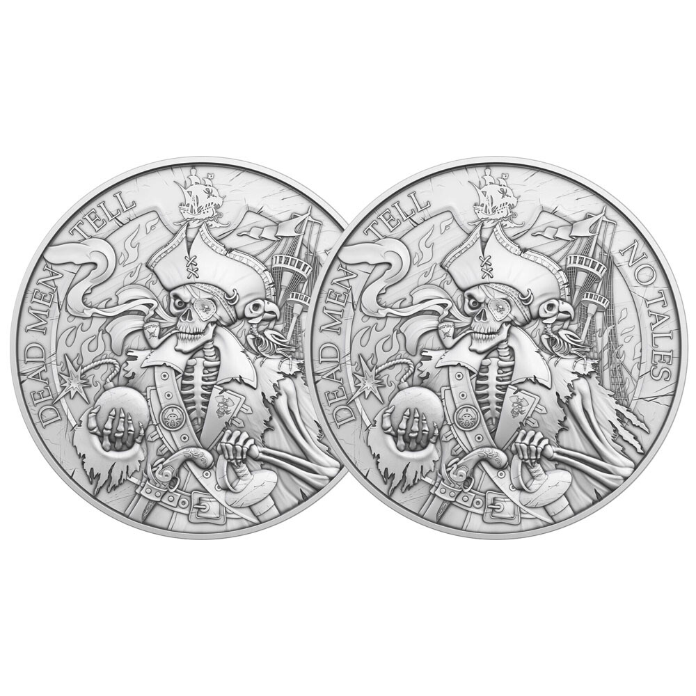 Lot of 2 - 1 Troy oz Dead Men Tell No Tales Design .999 Fine Silver ...