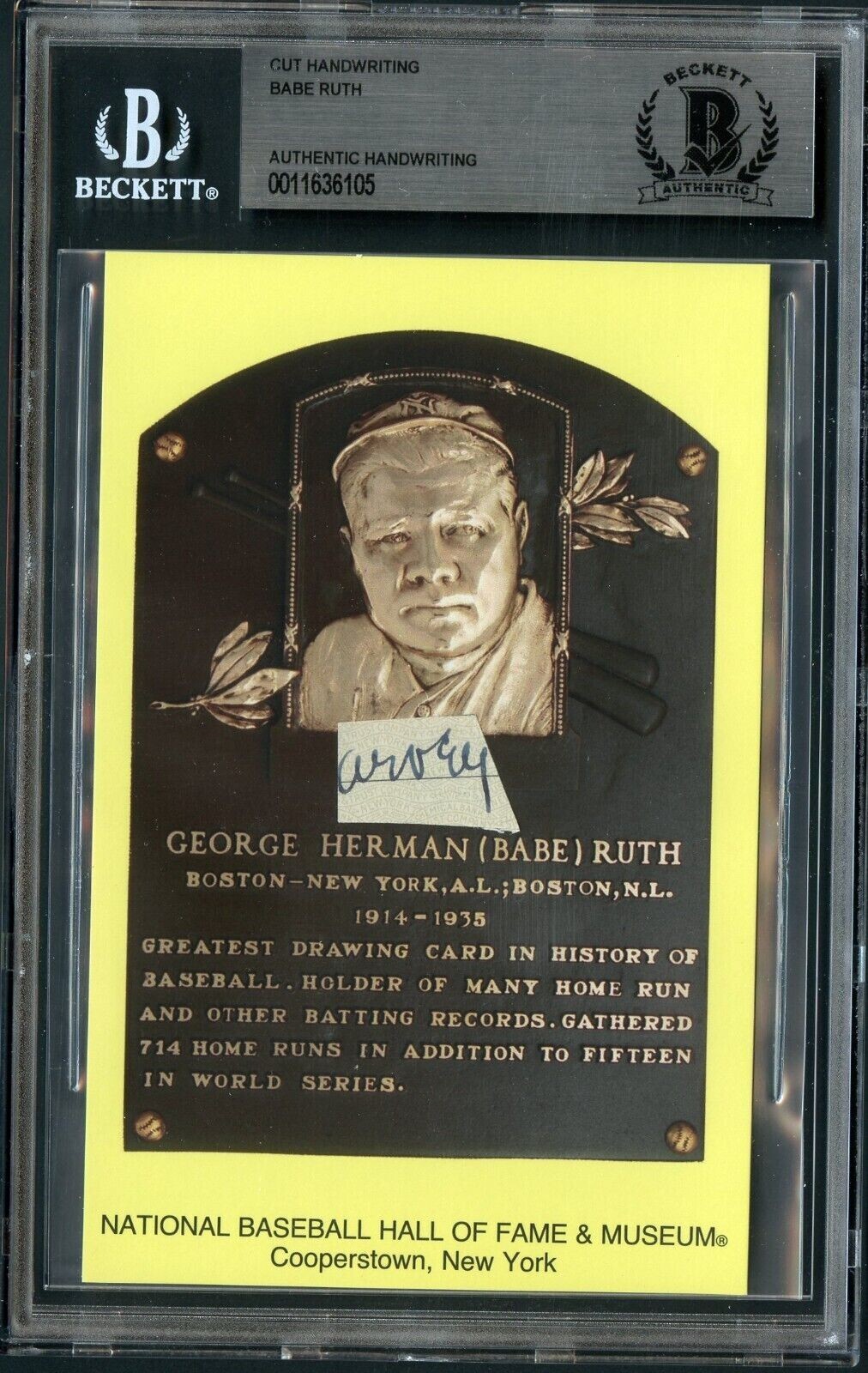 BGS BABE RUTH "ARVEY" SIGNED CUT HANDWRITTEN HOF PLAQUE NY YANKEES BAS ...