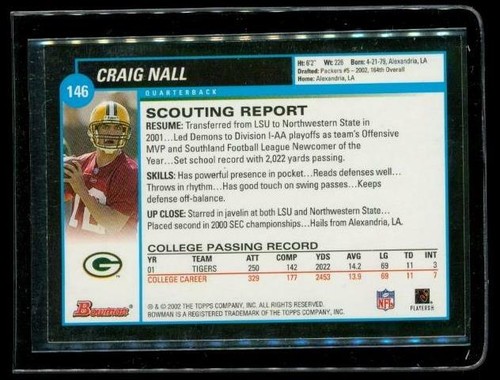 2002 TOPPS BOWMAN ROOKIE Football Trading Card #146 CRAIG NALL Green ...