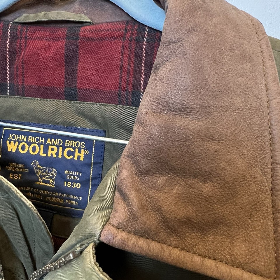 VTG Woolrich Mens Bomber Jacket Thermore Green Brown Leather Collar ...