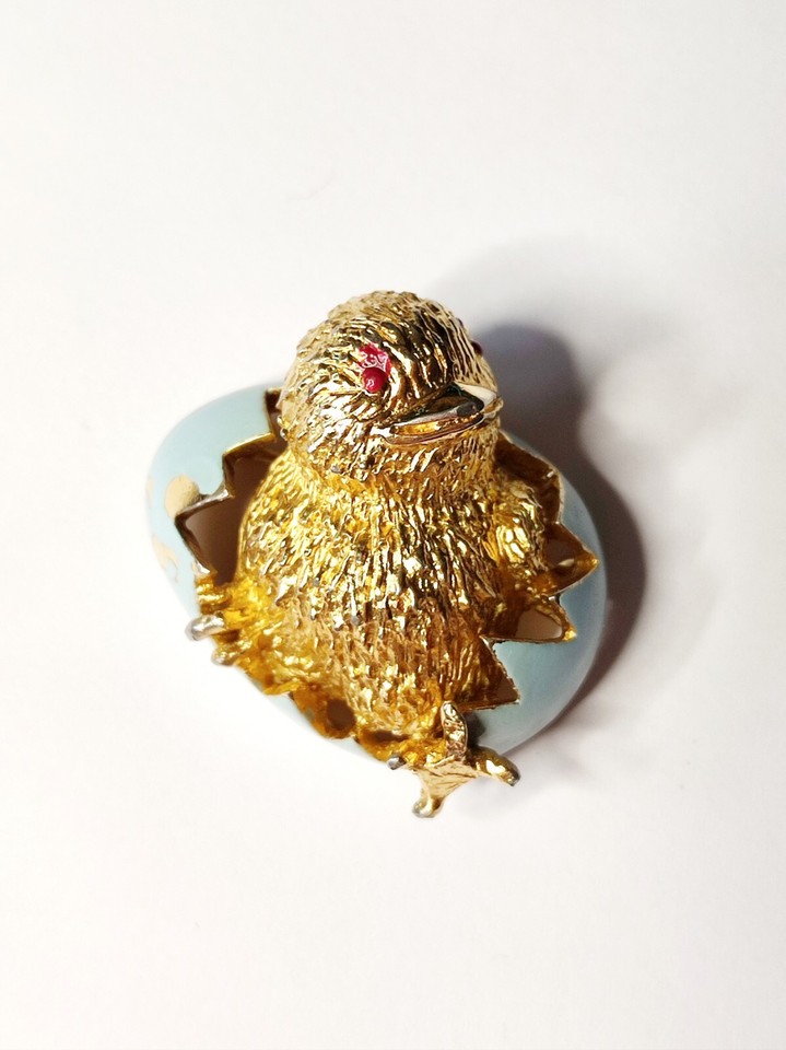 Chick in egg vintage gold tone metal enamel chicken bird pin crown ...