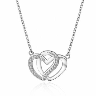 926 Sterling Silver CZ Interlocking Two Hearts Love Charm Necklace for ...