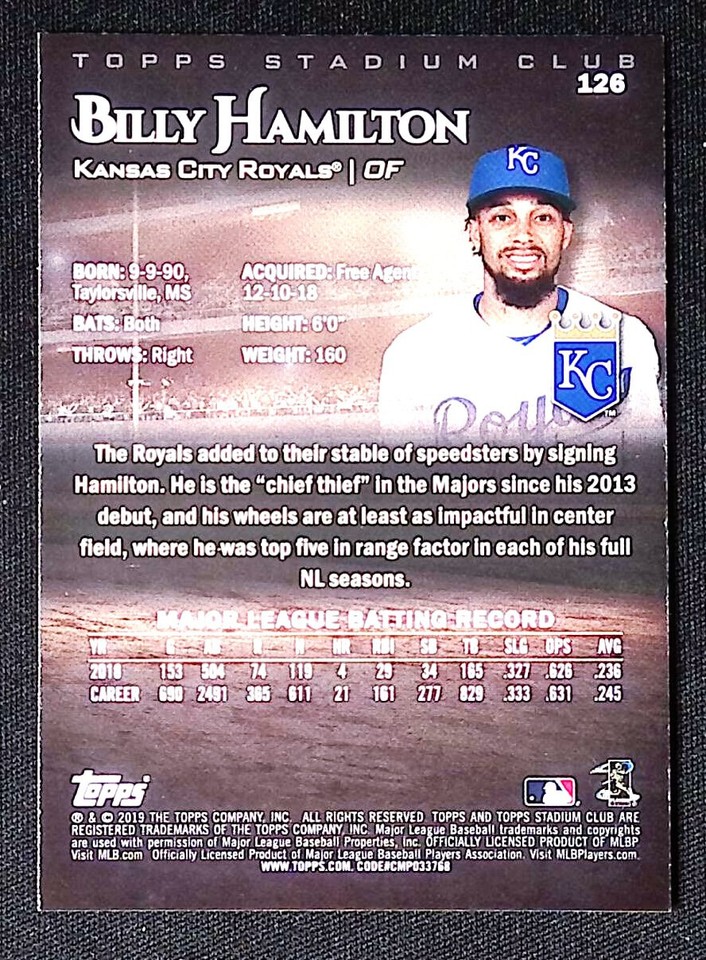Billy Hamilton 2019 Topps Stadium Club Baseball #126 Kansas City Royals ...