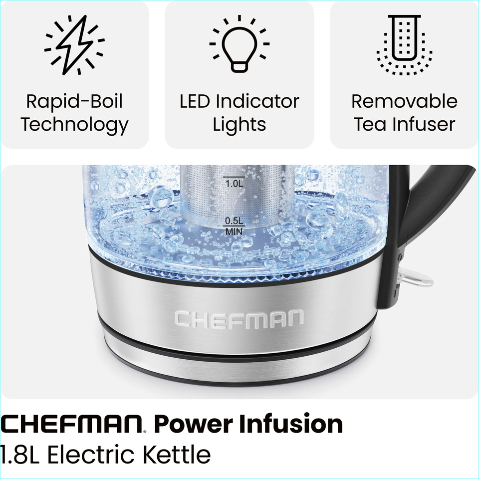 Chefman Fast Boiling 1.8L Electric Glass Kettle, Removable Tea Infuser ...