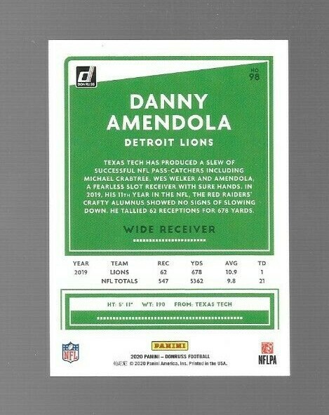 2020 Donruss Football Danny Amendola Press Proof Yellow Card #98 Lions ...