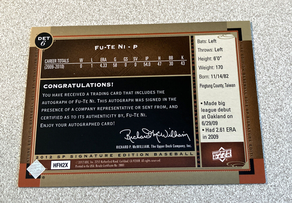2012 SP Signature Edition Auto #DET6 Fu-Te Ni Detroit Tigers | eBay
