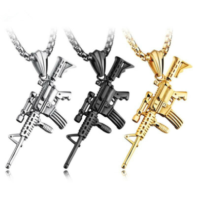 Mens Punk Machine Gun Pendant Necklace Hip Hop Rock Biker Jewelry Box ...