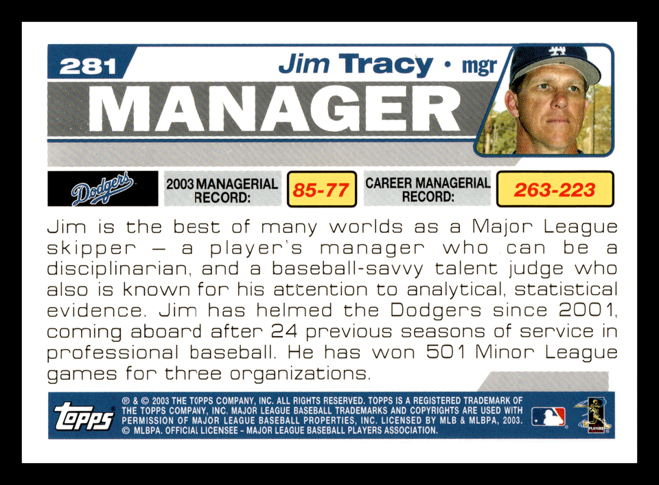 2004 Topps Jim Tracy Manager Los Angeles Dodgers #281 Centered Mint | eBay
