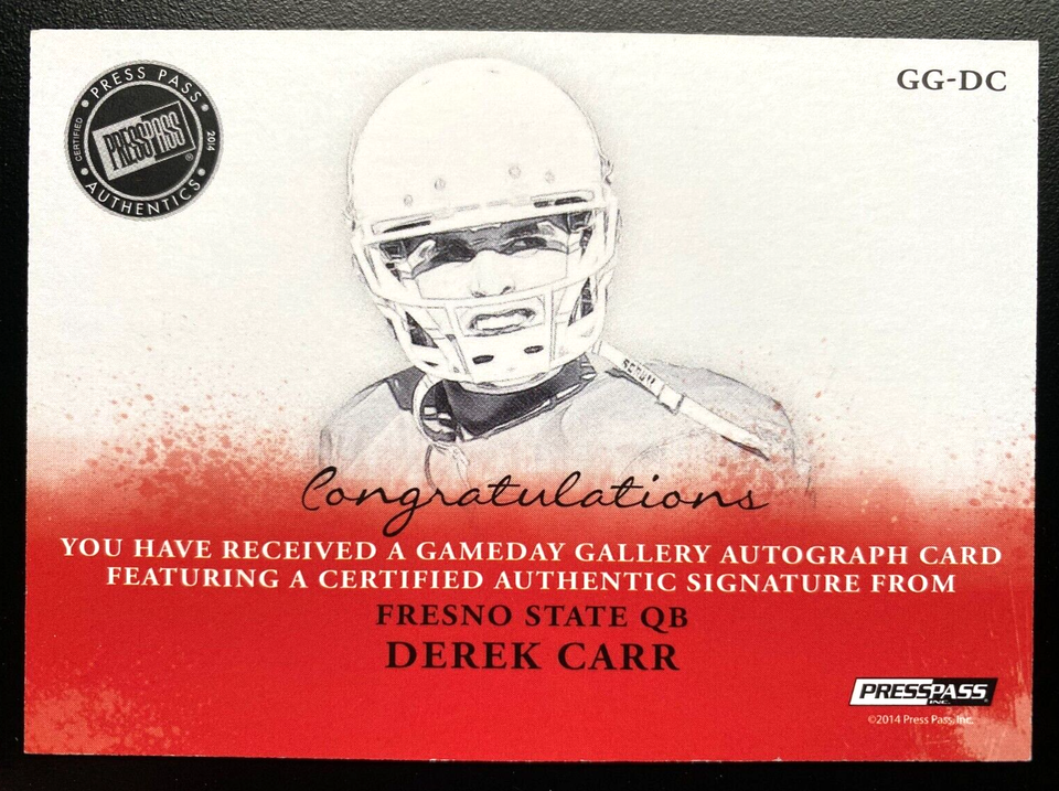 2014 Press Pass Gameday Gallery Holofoil #DC Derek Carr On Card ...