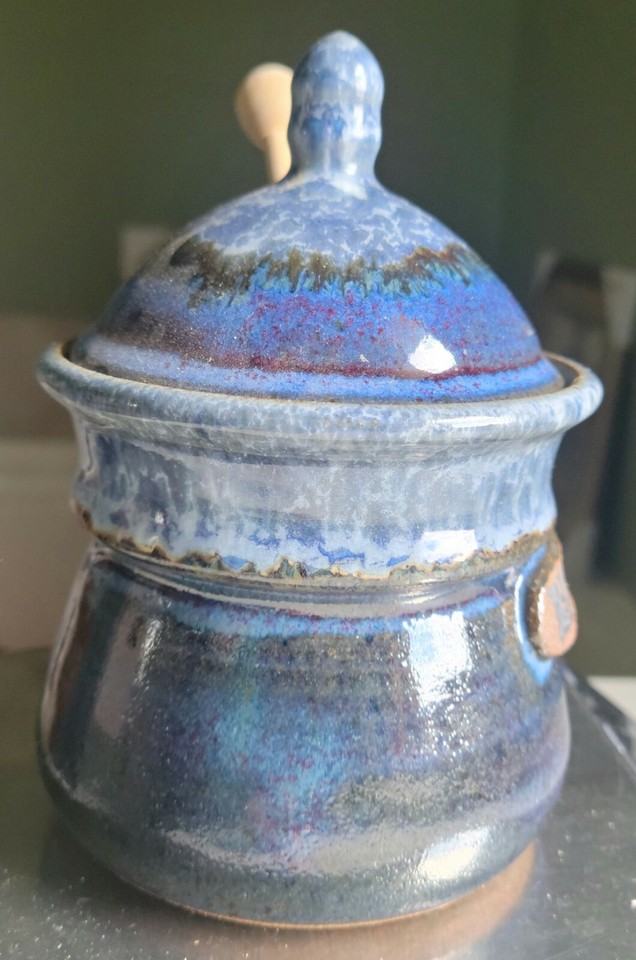 Glazed Blue Ceramic Honey Pot Jar Pottery with Honey Dipper | eBay