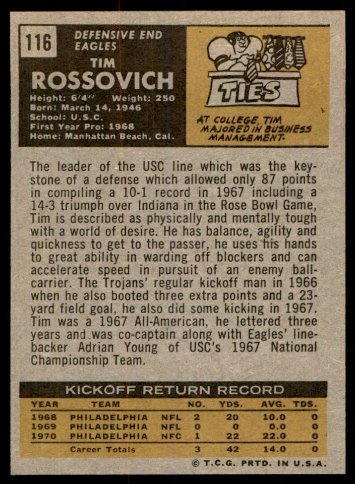 1971 TOPPS. TIM ROSSOVICH. PHILADELPHIA EAGLES #116 | eBay