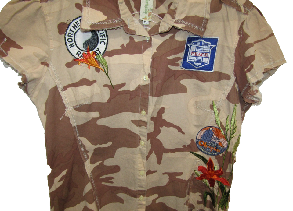 JOHNNY WAS 3J WORKSHOP CAMO BUTTON UP PEACE EMBROIDERED SHIRT WOMENS ...