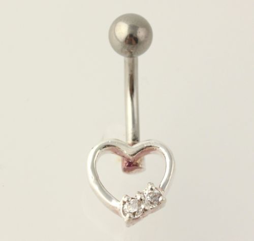 Heart Navel Barbell Piercing - Cubic Zirconia CZ Sterling Silver ...