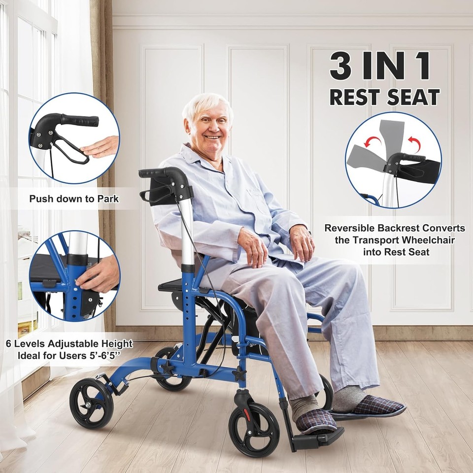 2 in 1 Rollator Walker & Transport Chair for Seniors with Seat Brakes ...
