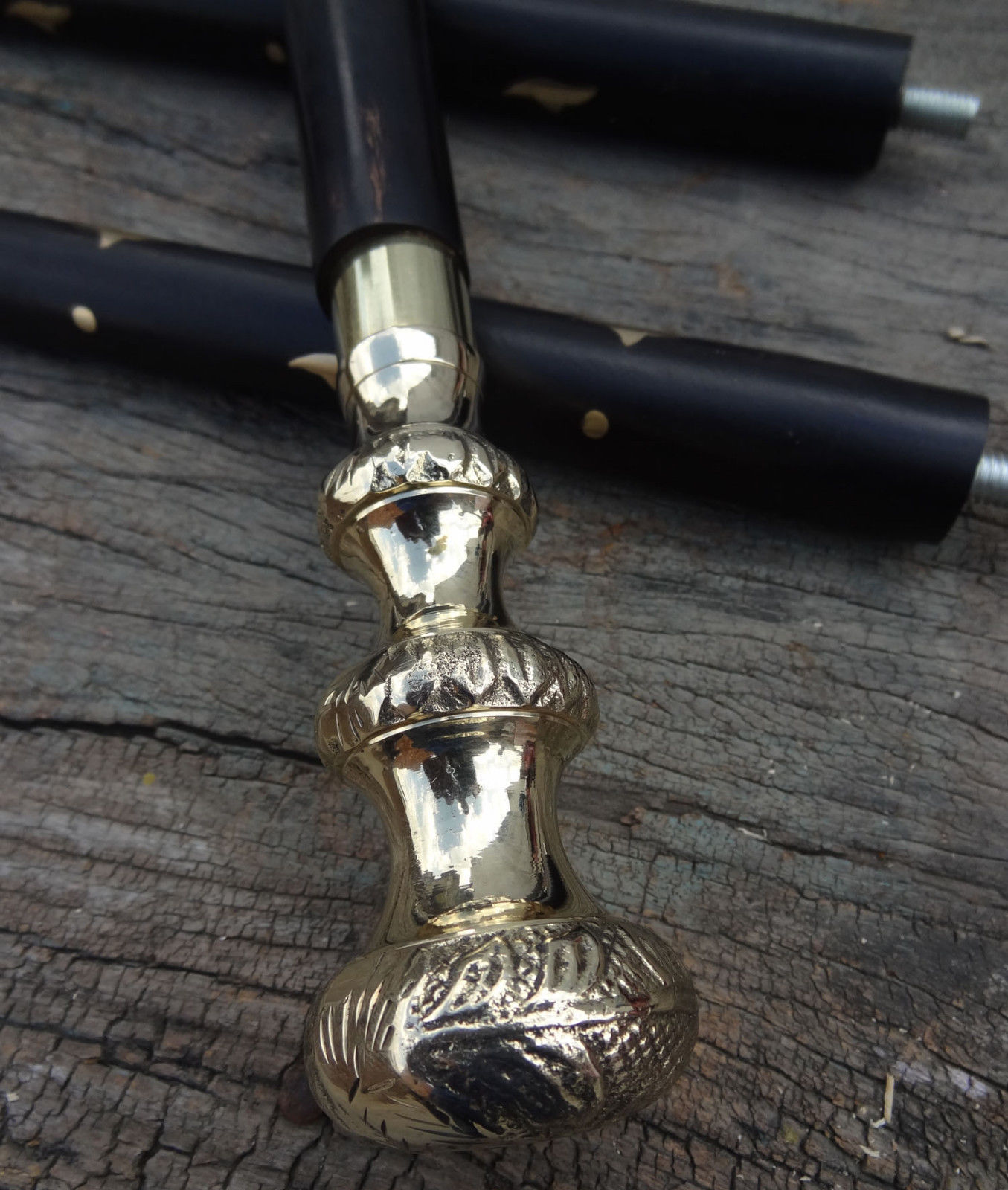 Vintage Cane Walking Stick Engraved Brass Designer Ha… - Gem