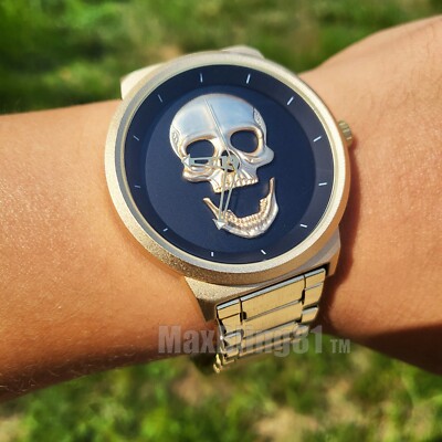 Skull Dial Bling Gold PT Hip Hop Style Metal Band Watch Clubbing Party ...