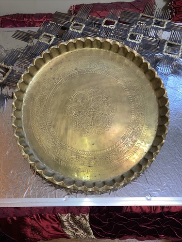 Vintage 70s Round Brass 22” Engraved Tray With Pinched Pie Crust Rim | eBay
