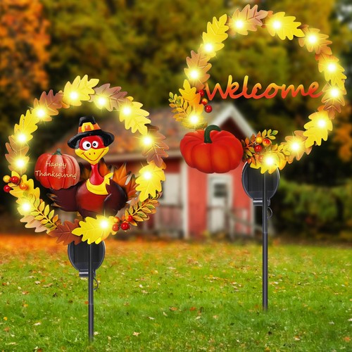 2 Pcs Garden Outdoor Yard Thanksgiving Decorations Solar Turkey Stakes ...