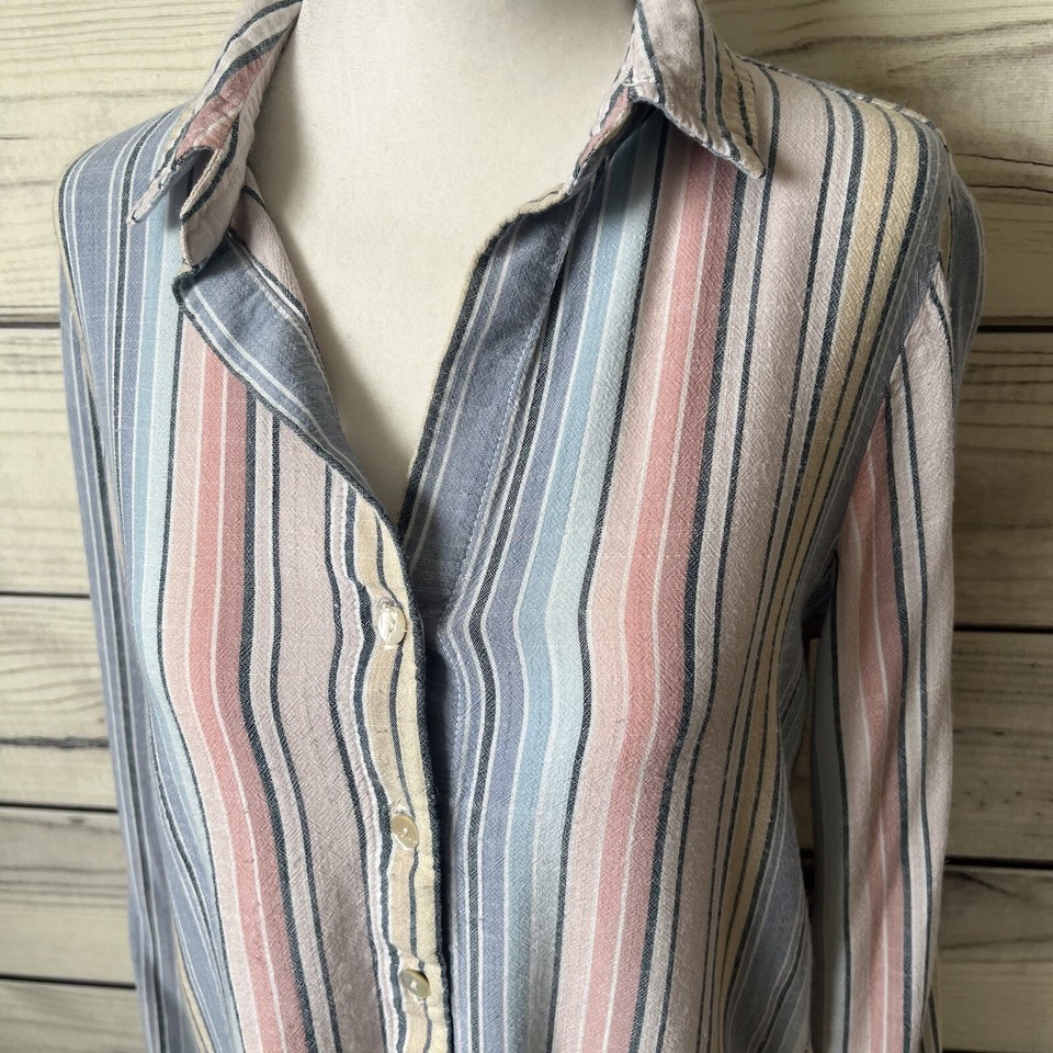 Cloth & Stone Multicolor Striped Raw Hem Button Down Shirt | eBay