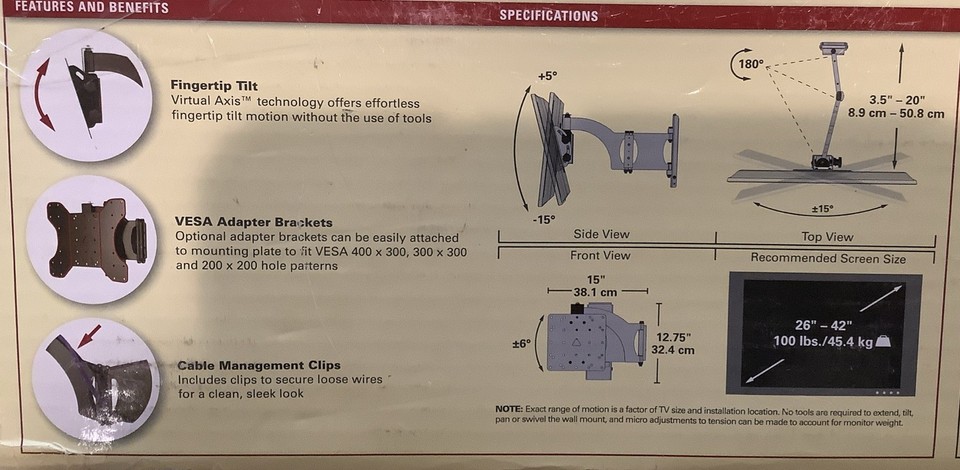 SANUS Vision Mount Full-Motion Wall Mount for Medium Flat-Panel TVs (26 ...