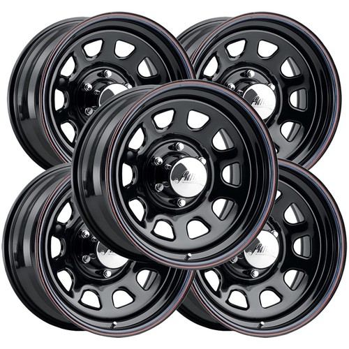 (Set of 5) Allied 52 Daytona 15x7 5x4.5" -6mm Black w/Cap Wheels Rims ...