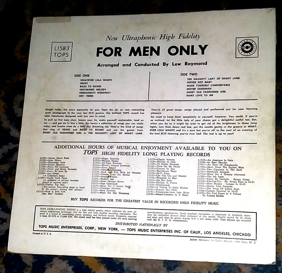 FOR MEN ONLY / LEW RAYMOND 1957 TOPS LP L1583 Classic Jayne Mansfield ...