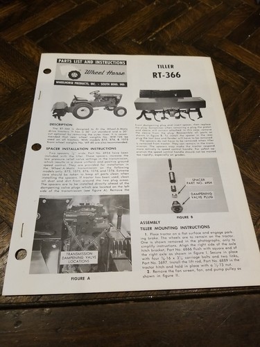 WHEEL HORSE TRACTOR Original manual RT-366 Tiller 875 876 1075 1075 ...