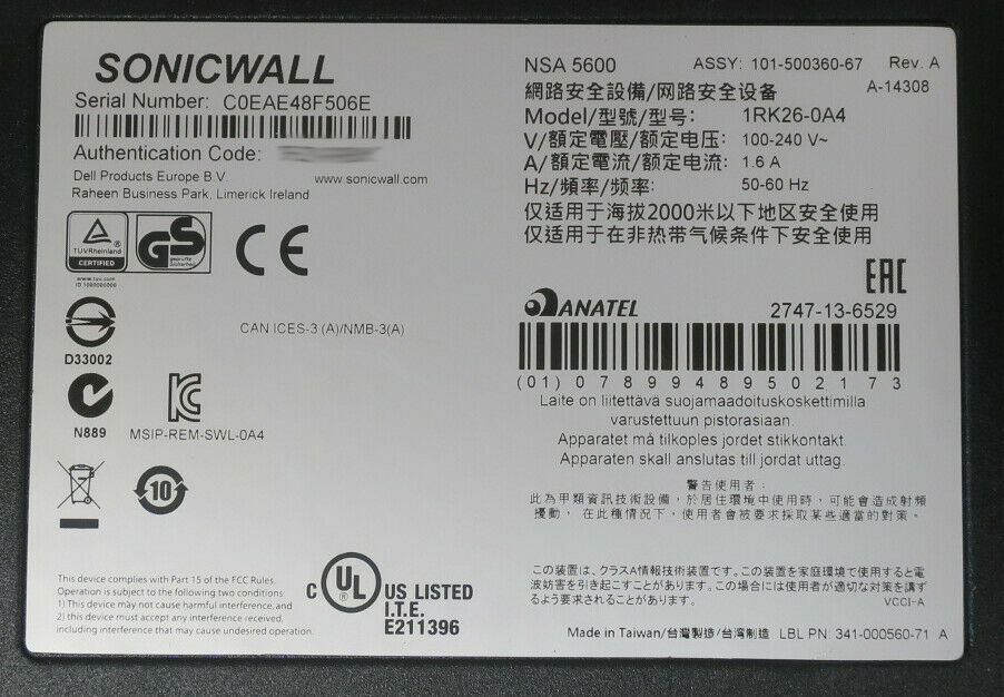 Dell / SonicWALL NSA 5600 01-SSC-3833 Network Security Appliance 1RK26 ...