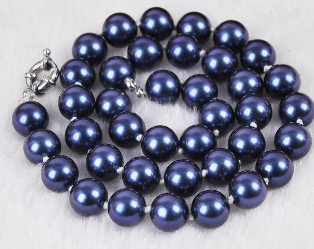 10mm South Dark Blue Shell Pearl Round Beads Necklace 18" AAA##AY077 | eBay