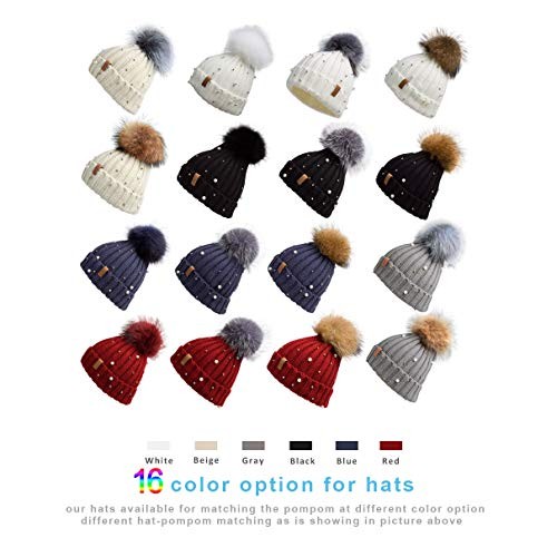 Women Knit Beanie Hat with Fur Pompom Beige With Pearl( Raccoon Fur Pom ...