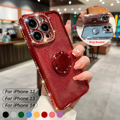 For iPhone 15 14 Pro Max 13 12 11 XR Bling Glitter Diamond Cover Ring ...