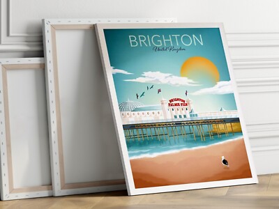 Brighton Beach UK 40x50cm Stretched Travel Canvas Wall Art Print | eBay ...