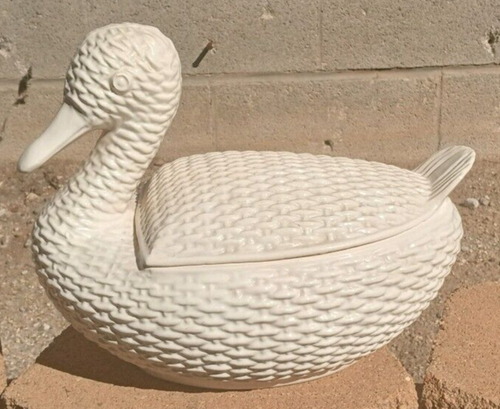 20th Century Majolica White Ceramic Wicker Goose Tureen w/Lid 12"L x 9. ...