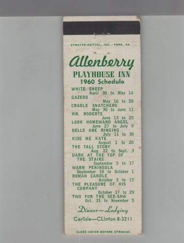 Full Length Matchbook Cover Allenberry Playhouse Inn 1960 Schedule | eBay