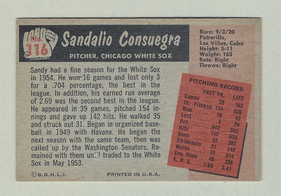 1955 BOWMAN BASEBALL CARD #116 SANDY CONSUEGRA WHITE SOX EX | eBay