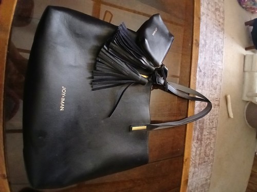 Joy & Iman Black Leather Tassel Tote Bag With Removable Insert & Coin ...