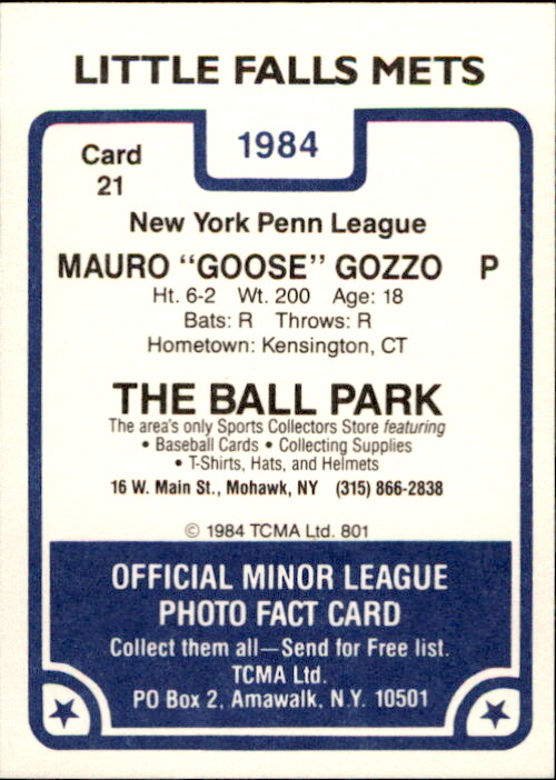 1984 Little Falls Mets TCMA #21 Mauro Gozzo Kensington Connecticut ...