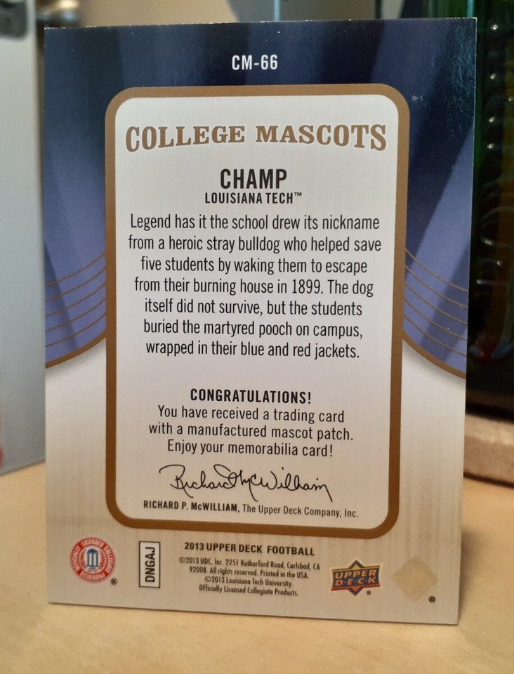 2013 CHAMP UPPPER DECK *COLLEGE MASCOTS PATCH* CM-66 LOUISIANA TECH ...